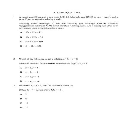 Linear equations pmr paper 1 | PDF