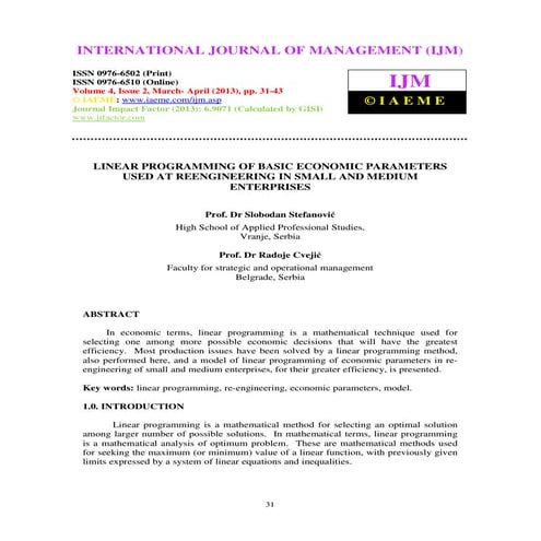Linear programming of basic economic parameters used at reengineering ...