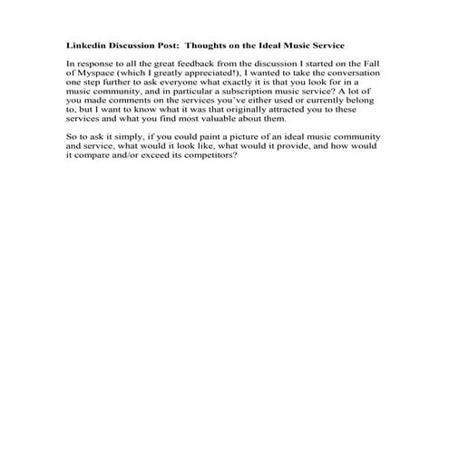 Linkedin Discussion Post: Define the Ideal Music Service | DOCX