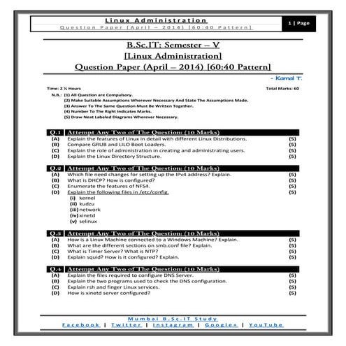 [Question Paper] Linux Administration (60:40 Pattern) [April / 2014] | PDF
