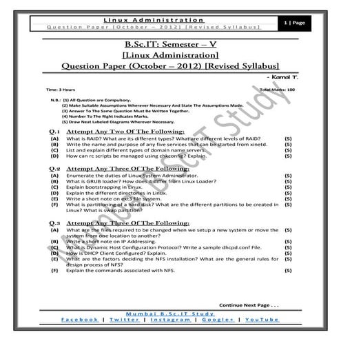 Linux Administration (Revised Syllabus) [QP / October - 2012] | PDF