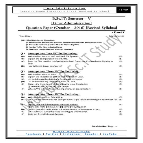 Linux Administration (Revised Syllabus) [QP / October - 2016] | PDF