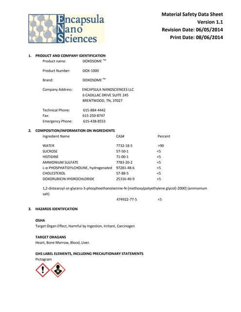 MSDS for PEGylated liposomal Doxorubicin containing folate lipid ...