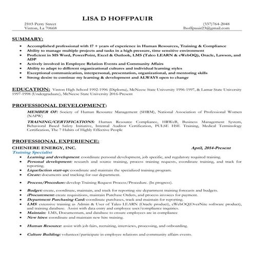 Lisa hoffpauir resume june 2016 rev1 | DOC