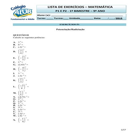 Lista de-exercicios--matematica--9o-ano--1o-bim | PDF