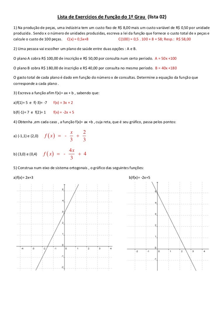 Lista 02 exercícios de função do 1º grau (gabarito)