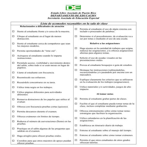 Lista de acomodos razonables educacion especial