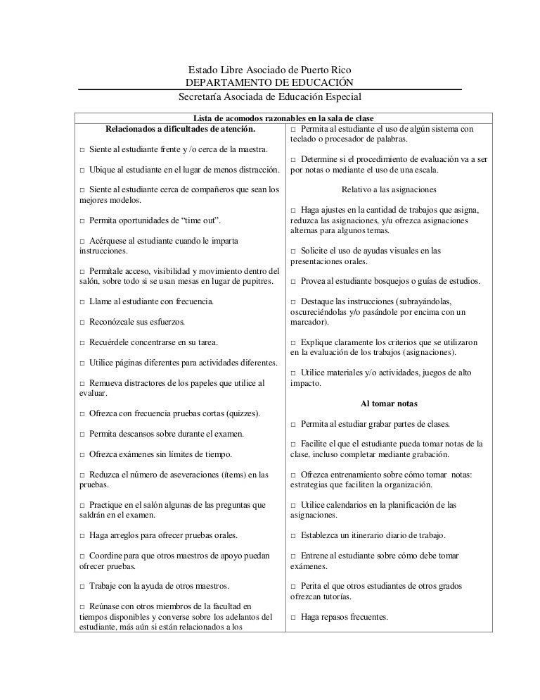 Lista de acomodos razonables educacion especial