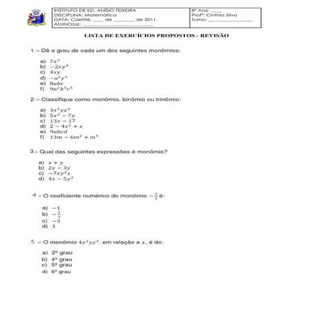 Lista De Exercícios Expressões Algébricas Iii Iii Pdf