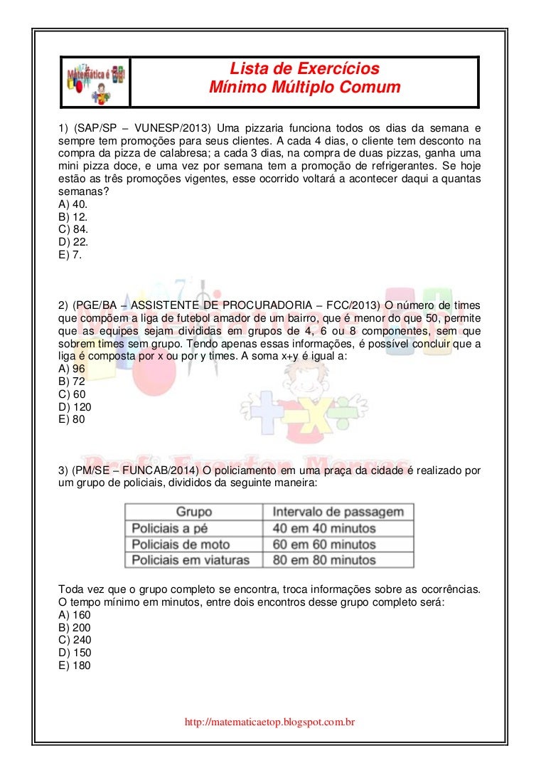 Lista de exercícios – Mínimo Múltiplo Comum(mmc)