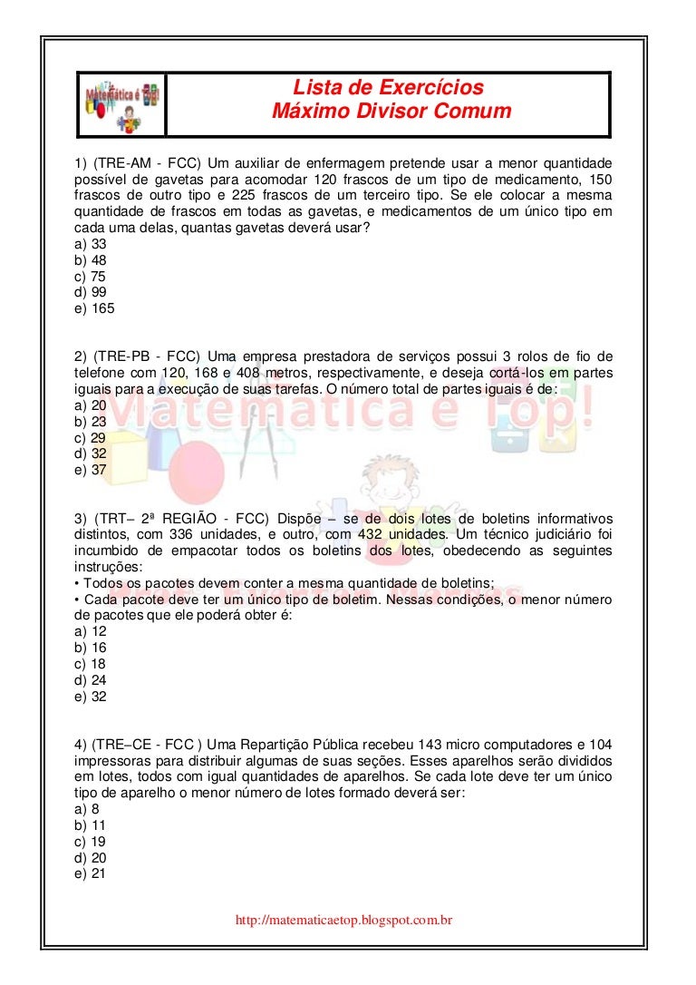 Lista de Exercícios – Máximo Divisor Comum(mdc)