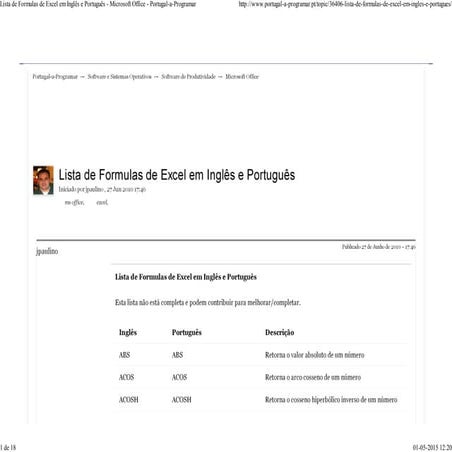 Lista de formulas de excel em inglês e português microsoft office ...