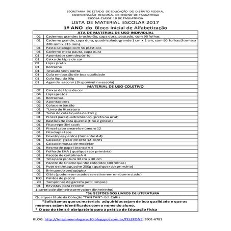 Lista de Material Escolar 2017 | DOCX