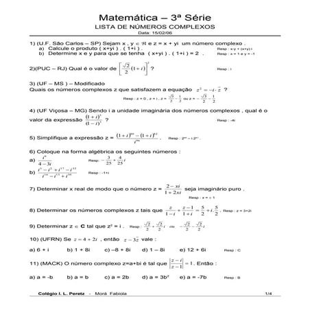 Lista de números complexos | PDF