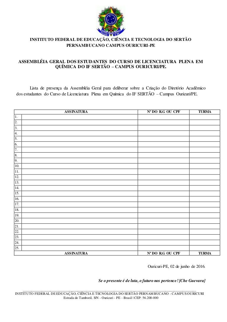 Lista de presença da assembléia geral