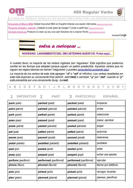 Lista de verbos regulares, regular verb list, pasado de los verbos ...