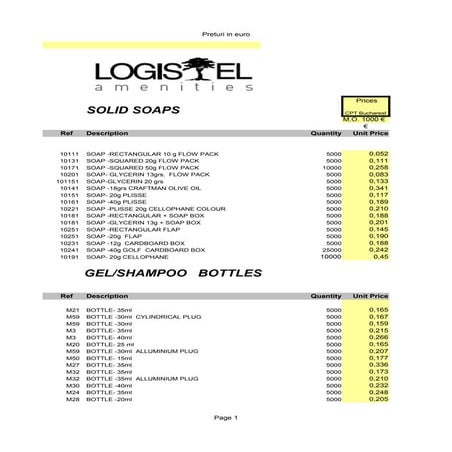 Lista preturi produse necesare camerelor de hotel (nu includ ...