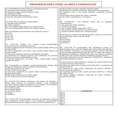 Lista De Compostos Ionicos Lista DE Exercícios 3 TÓPICOS E