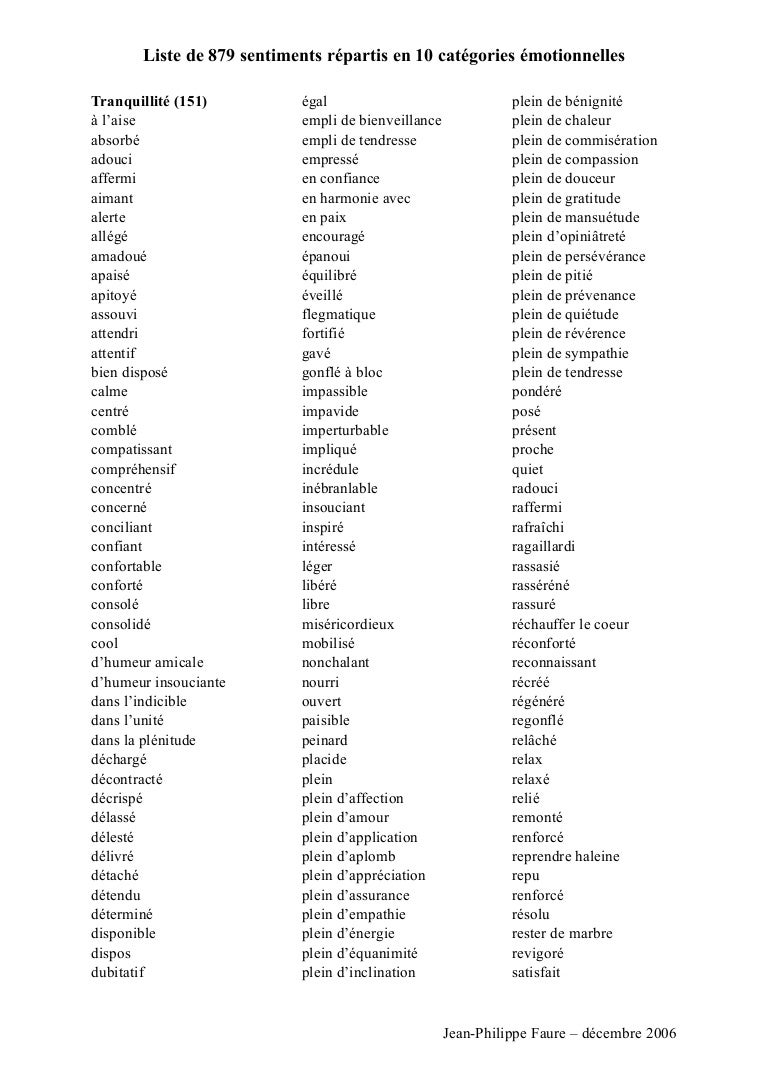 Liste des sentiments