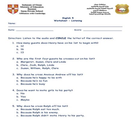 English Listening Activity for Grade 5 | DOCX