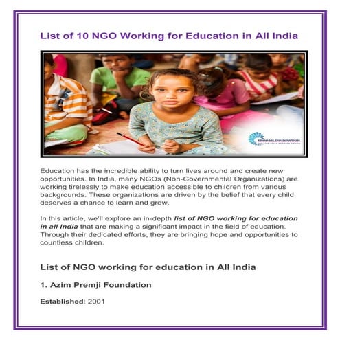 List of 10 NGO Working for Education in All India | PDF