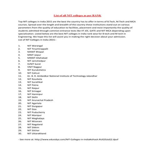 List of all nit colleges as per rank | PDF