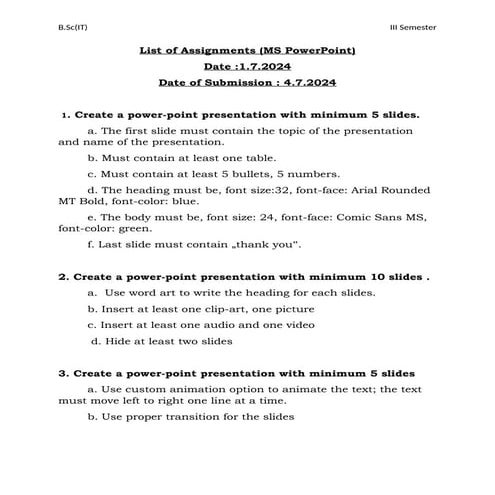 List of Assignments in Power point for beginners | DOCX