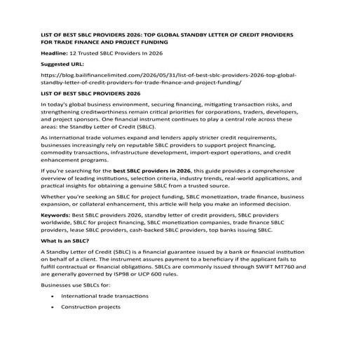 Top SBLC Providers 2026: Trusted Standby Letter of Credit Leaders for ...
