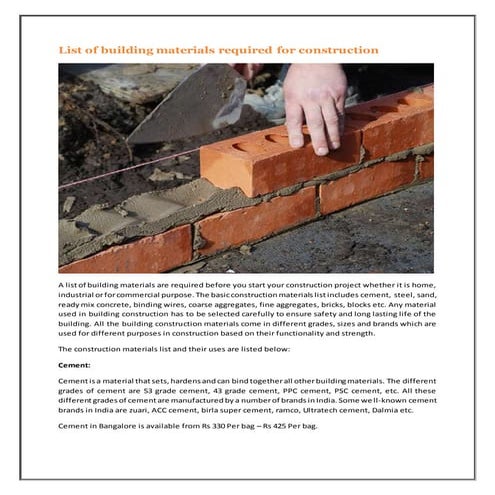 List of building materials required for construction | DOCX