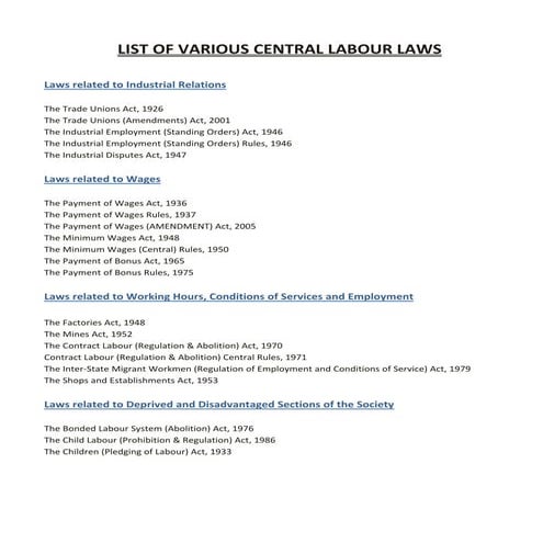 List of central labour laws | PDF
