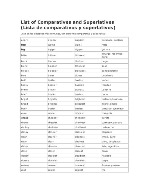 List of comparatives and superlatives - Short adjectives | PDF