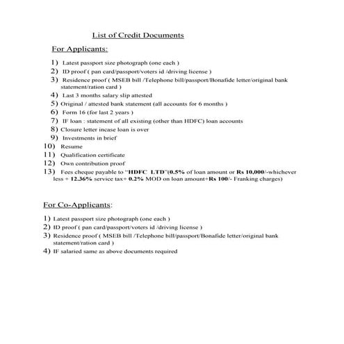 List of credit documents | DOCX