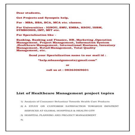 List of healthcare management project topics- Call us at 08263069601 | DOCX