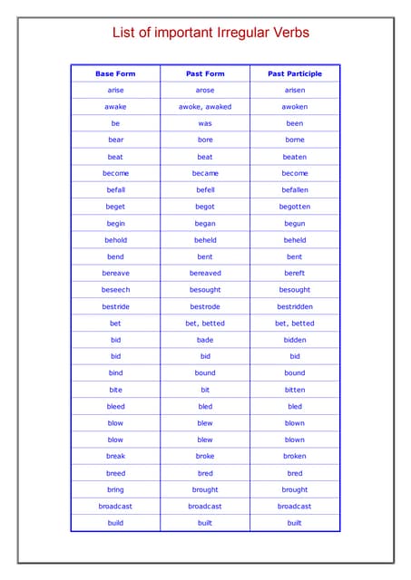 100 irregular verbs list | PDF
