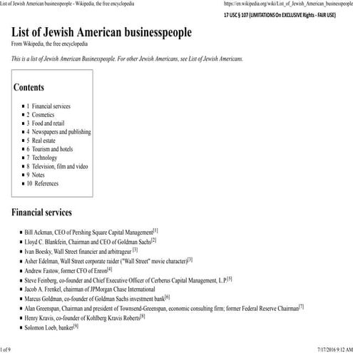 LIST OF JEWISH AMERICAN BUSINESSPEOPLE - Wikipedia As Of 07/17/16 | PDF