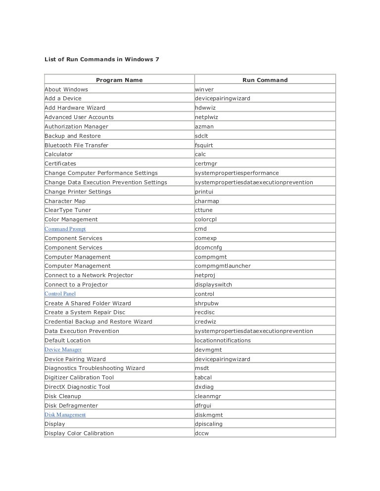 List of run commands in windows 7