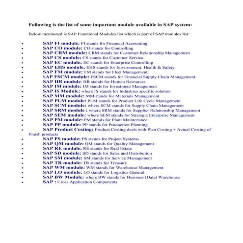 List Of Sap Modules Doc