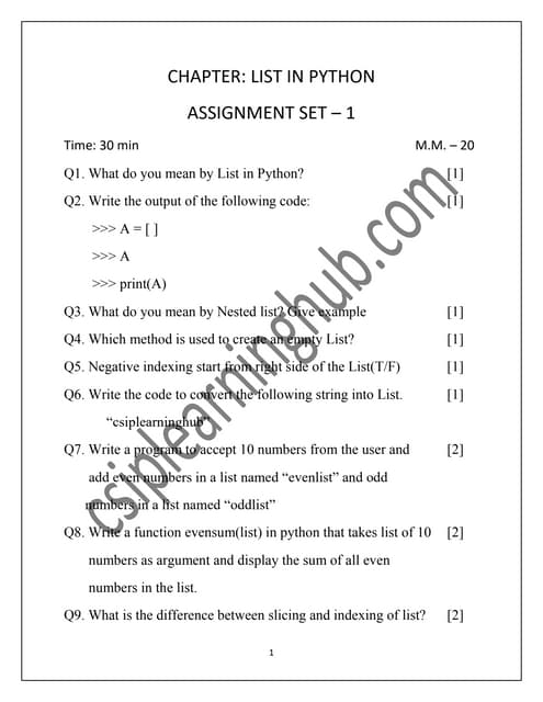 CBSE Python List Assignment | PDF | Programming Languages | Computing CBSE Python List Assignment | PDF | Programming Languages | Computing