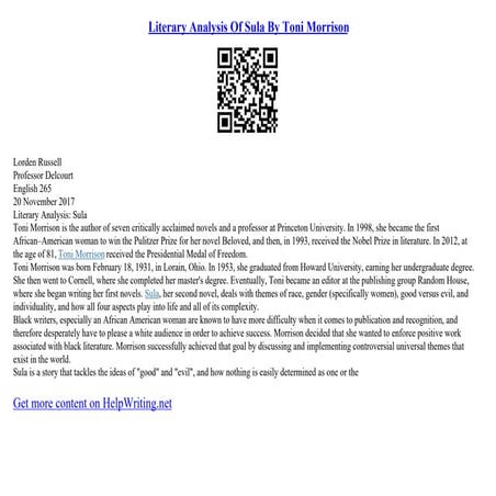 Literary Analysis Of Sula By Toni Morrison | PDF