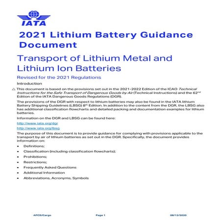 Lithium battery guidance document 2021 | PDF