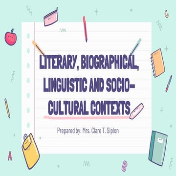 3 Literary Reading Lenses: Biographical Context, Historical Context, Socio-Cultural Context | PPTX