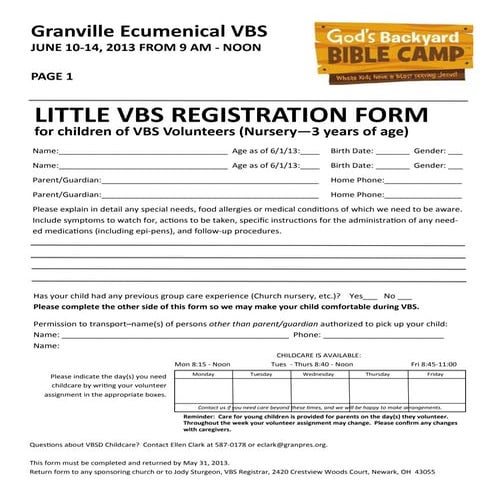 Little vbs registration forms 2013 | PDF
