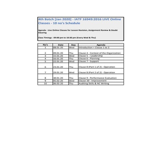 Live class 4th batch iatf 16949 mastery schedule | PDF