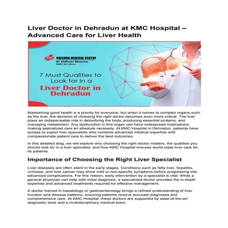 Liver Doctor in Dehradun at KMC Hospital – Advanced Care for Liver ...
