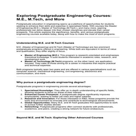 Exploring Postgraduate Engineering Courses: M.E., MTech, and More | PDF