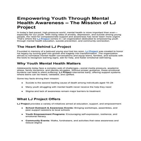 Empowering Youth Through Mental Health Awareness – The Mission of LJ Project | DOCX