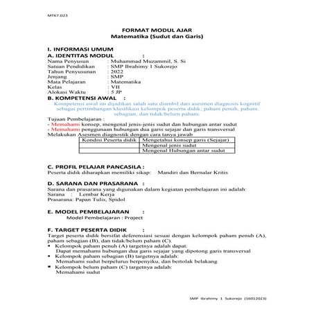 LK Membuat Modul 16012023 MTK Sudut (Muhammad Muzammil, S. Si) | PDF