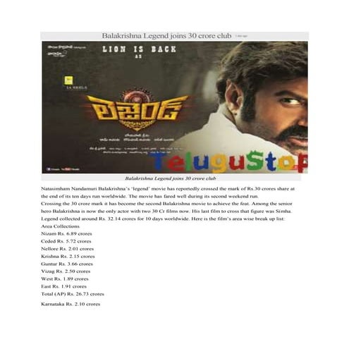 Balakrishna Legend joins 30 crore club | DOCX