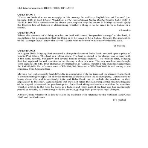 LAND LAW 1 tutorial questions DEFINITION OF LAND | DOCX | Business ...