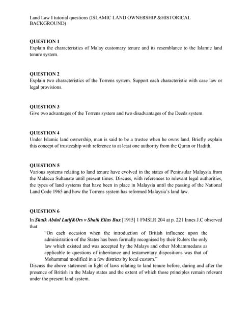 Ll1 tutorial questions alienation extent of ownership questions | PDF